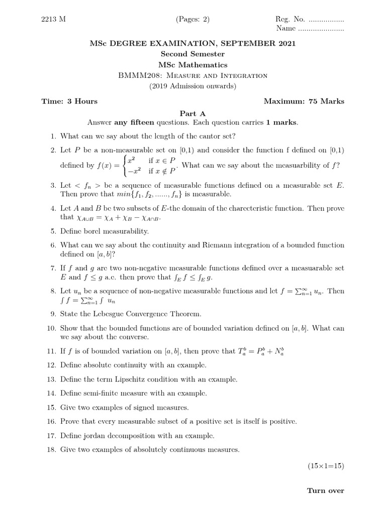 MSc Mathematics: Measure and Integration Exam | PDF | Measure ...