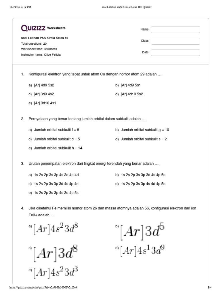 Soal Latihan PAS Kimia Kelas 10 - Quizizz | PDF
