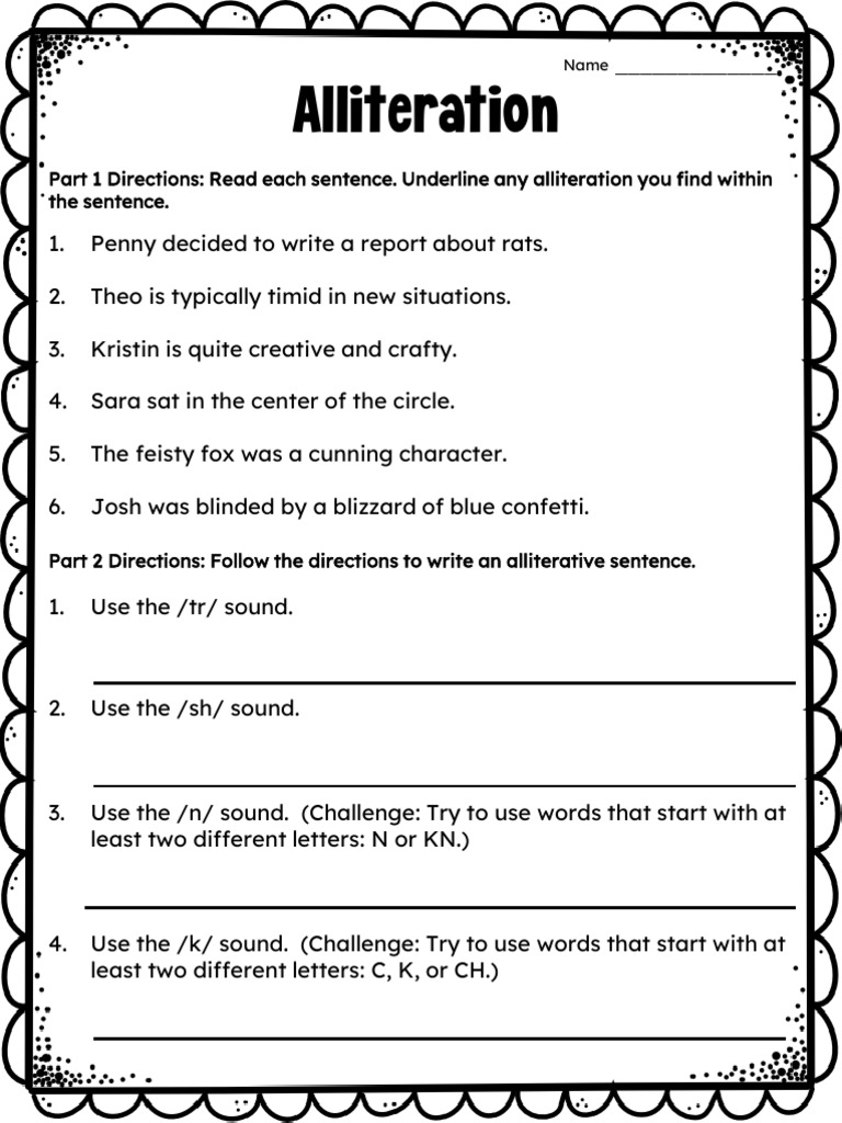 Alliteration: Part 1 Directions: Read Each Sentence. Underline Any ...