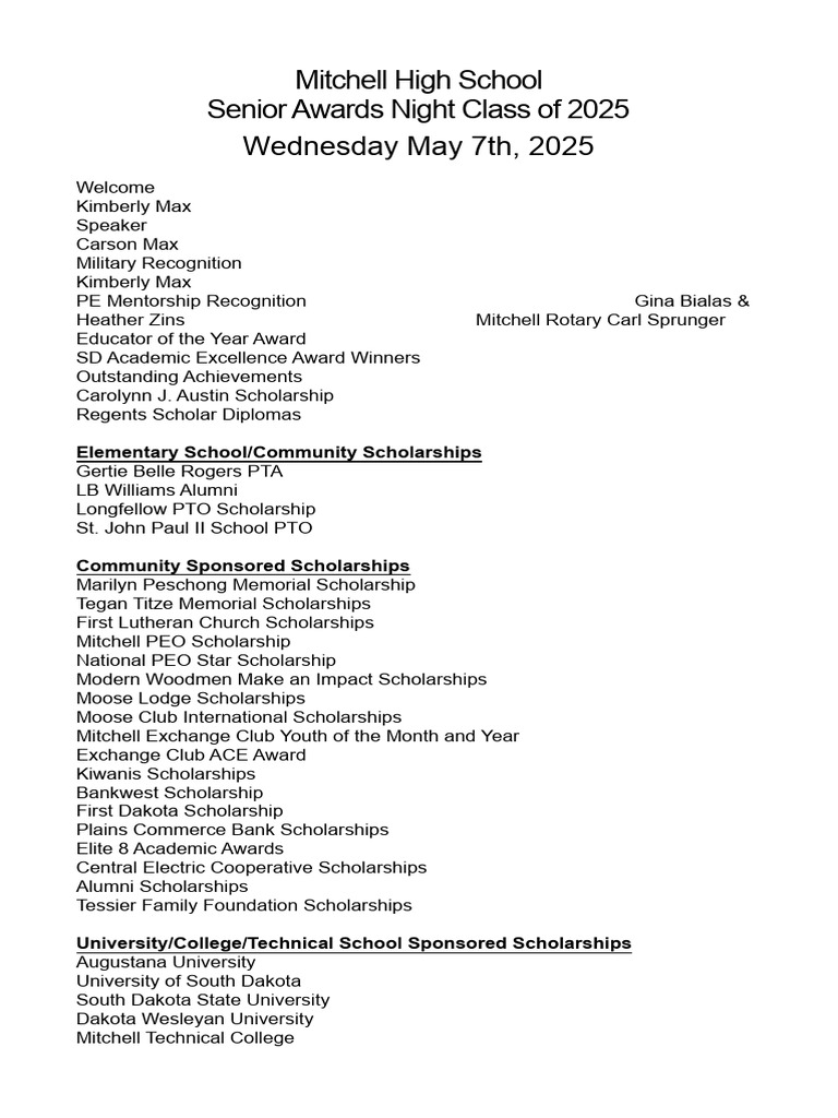 Mitchell High School Senior Awards Night Program | PDF