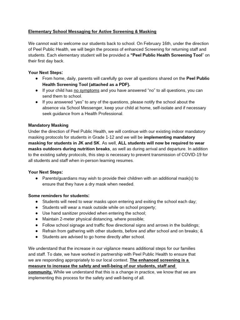 Elementary School Messaging For Active Screening | PDF | Emergency ...