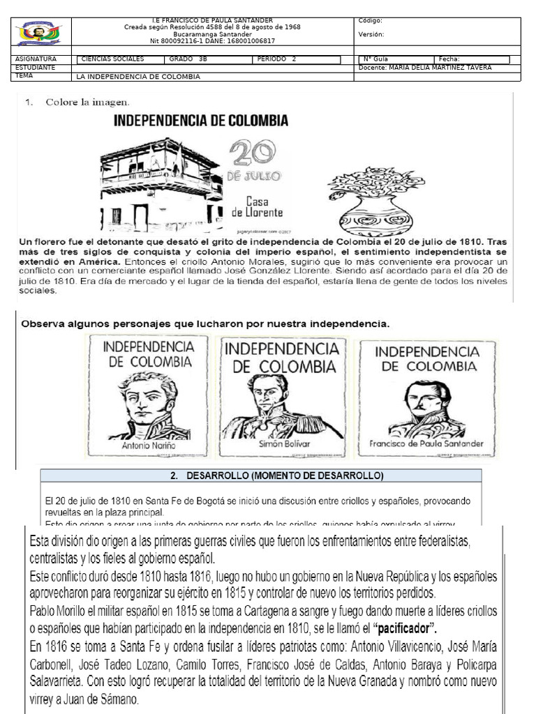 Actividades sobre la Independencia de Colombia | PDF