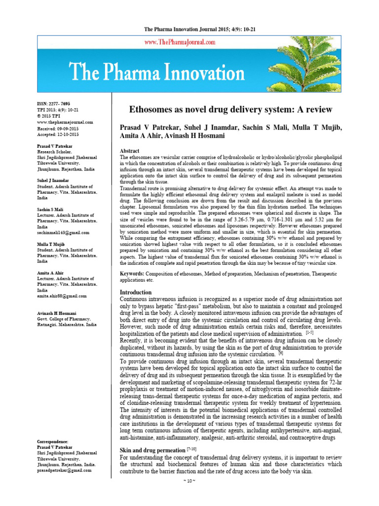 Ethosomes As Novel Drug Delivery System | PDF | Epidermis | Vesicle ...