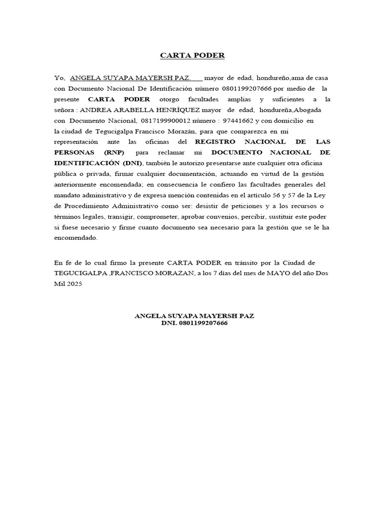 Carta Poder Honduras 2025 | PDF | Honduras | Gobierno