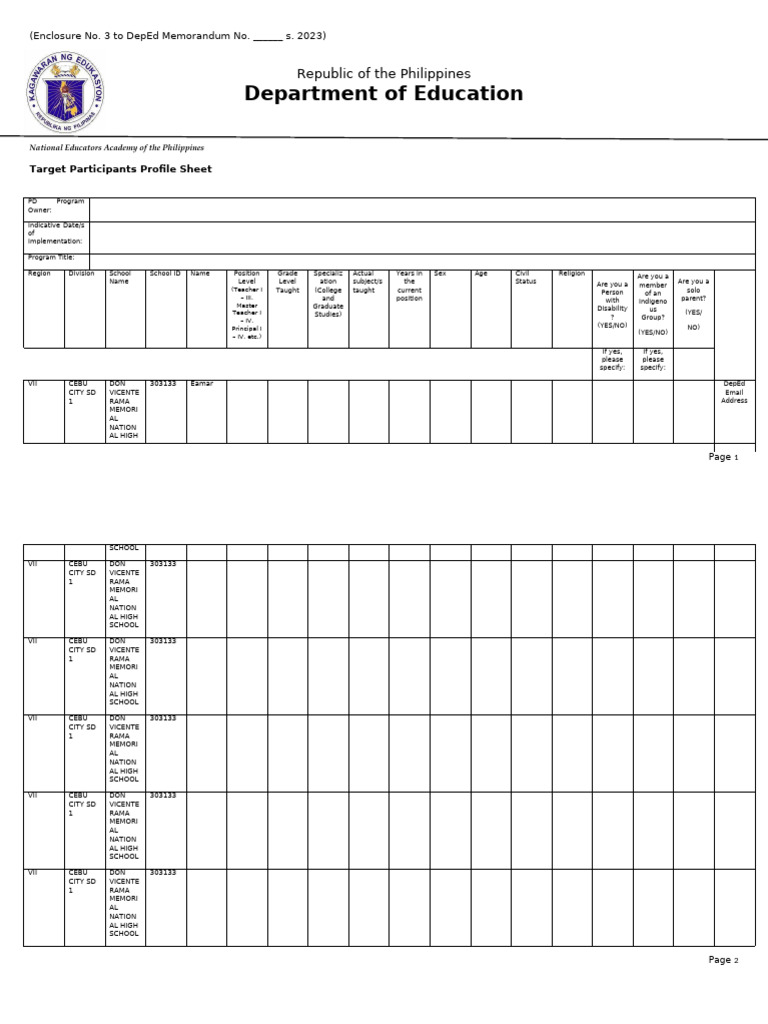 Enclosure No. 3 Target Participants Profile Sheet | PDF
