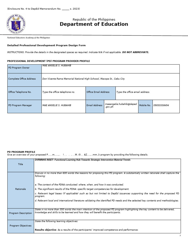 Enclosure No. 4 Detailed PD Program Design and M - E Plan Form | PDF | Learning | Knowledge
