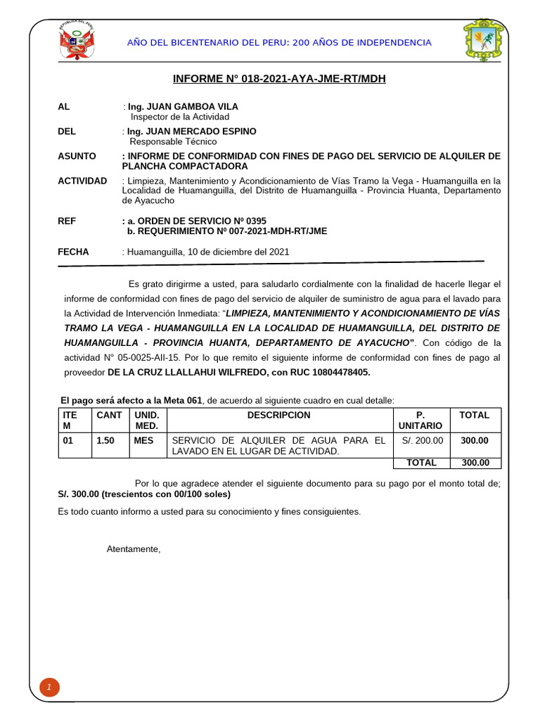 Informe #Informe de Conformidad Con Fines de Pago Del Servicio de Suministro de Agua | PDF