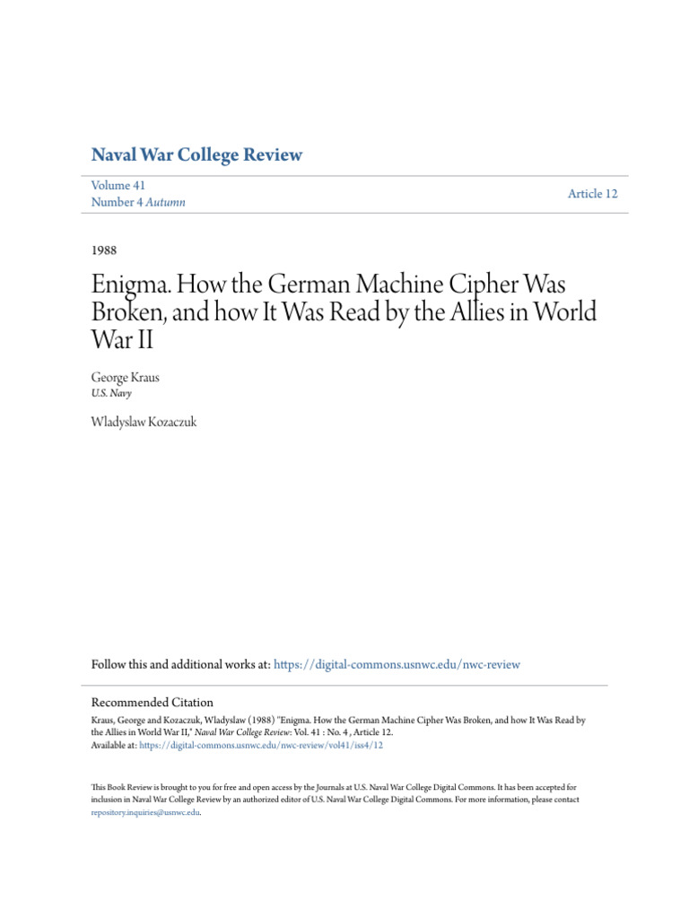 Enigma. How The German Machine Cipher Was Broken and How It Was | PDF
