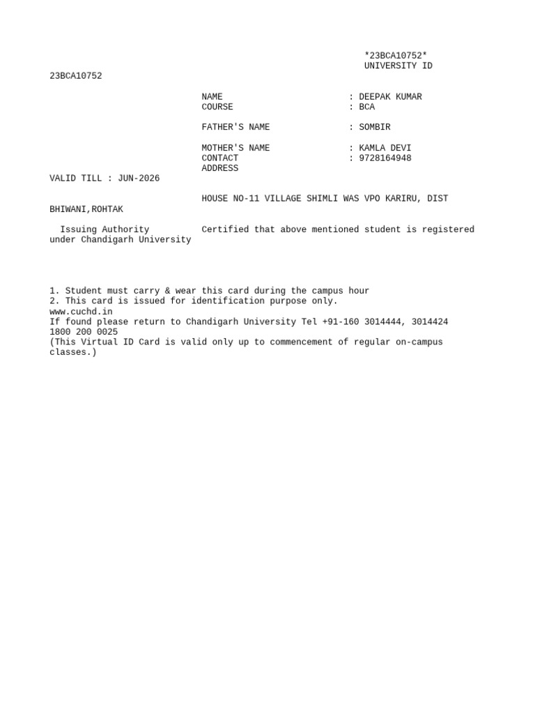 Virtual ID Card 23BCA10752 1 | PDF