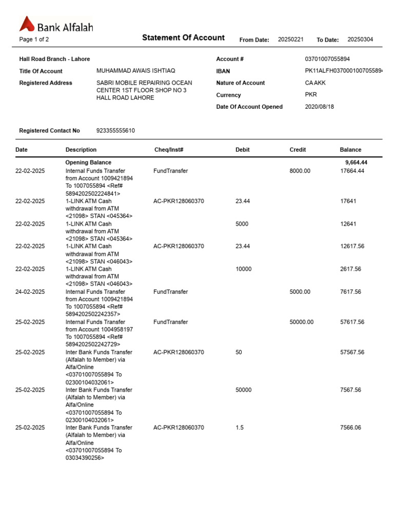 Statement of Account | PDF | Banks | Automated Teller Machine
