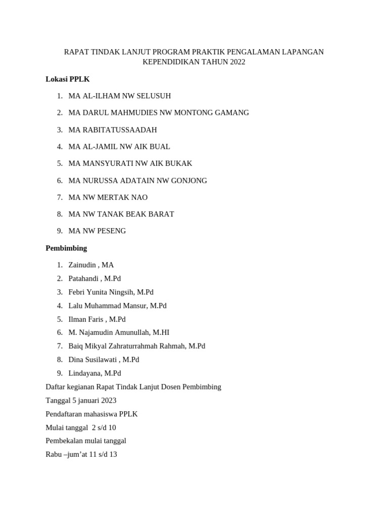 Rapat Tindak Lanjut Program Praktik Pengalaman Lapangan Kependidikan Tahun 2022 | PDF