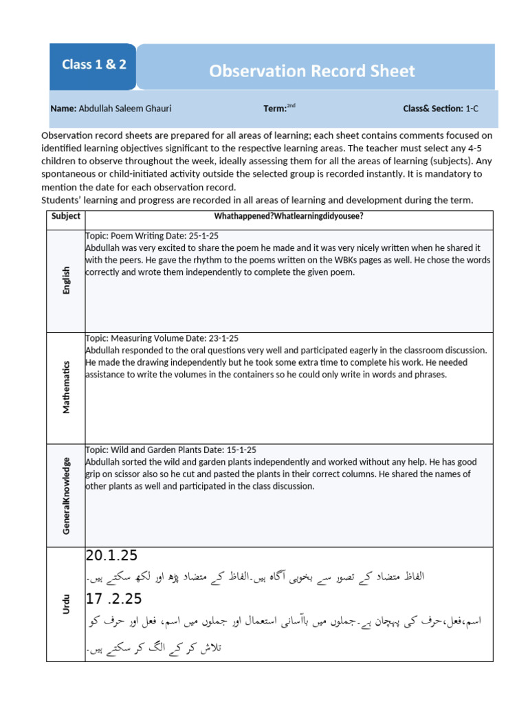 Student Learning Observation Records | PDF | Learning | English Language