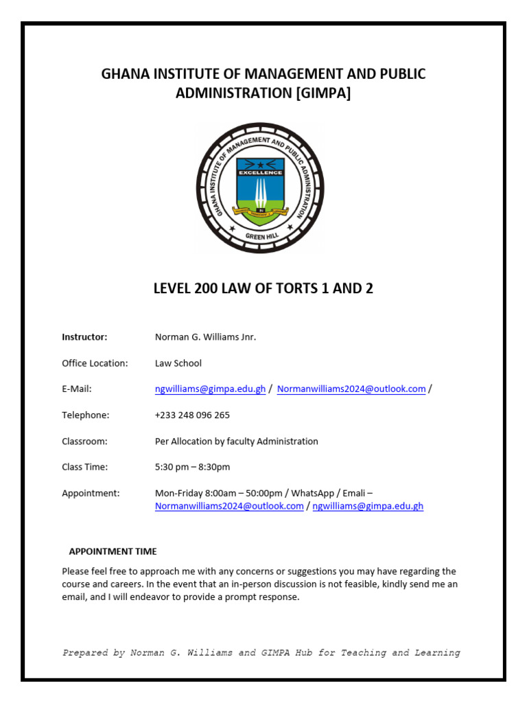 LAW OF TORT Course Outline Template | PDF | Conversion (Law) | Trespass