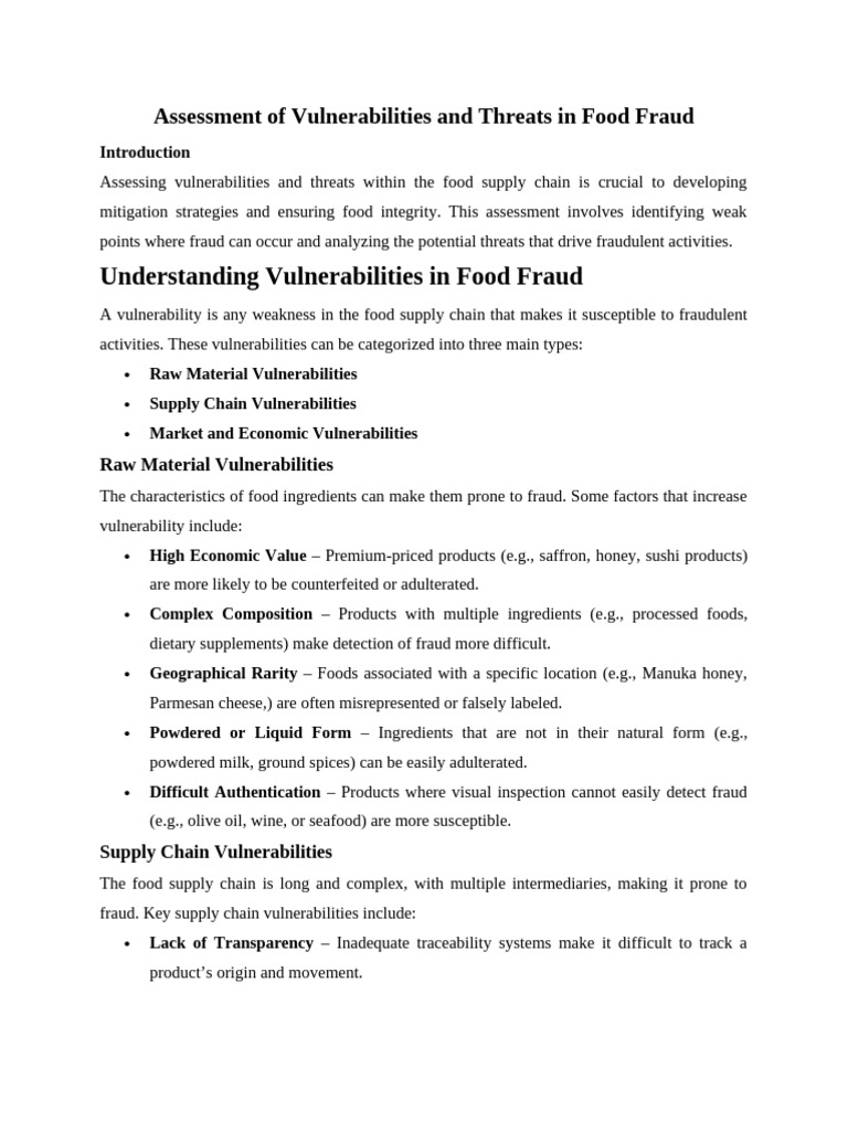 Assessment of Vulnerabilities and Threats in Food Fraud | PDF | Fraud ...