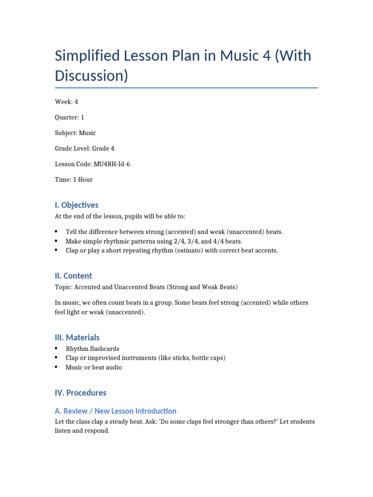 Simplified Lesson Plan Music4 With Discussion | PDF