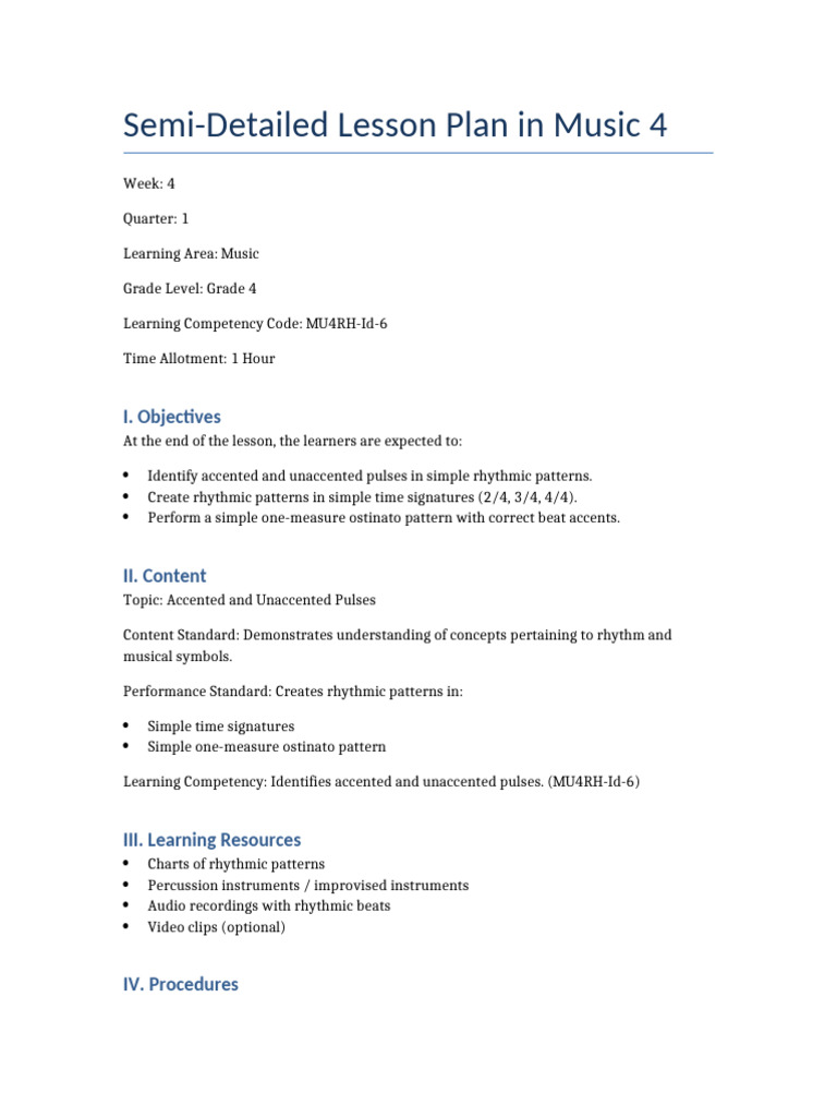 Semi-Detailed Lesson Plan Music4 MU4RH-Id-6 | PDF | Rhythm | Elements ...