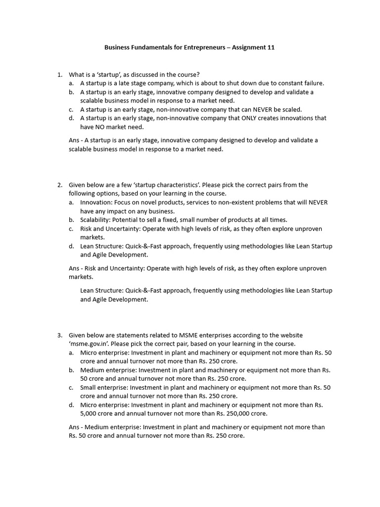 NPTEL - BFE - Assignment 11 File - Updated | PDF | Startup Company | Small Business & Entrepreneurs