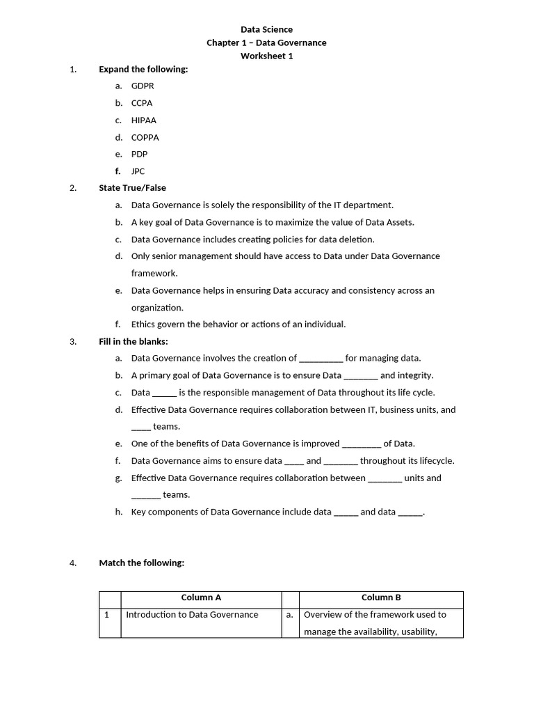 ch1-DataGovernance Worksheet1 | PDF | Governance | Information Technology