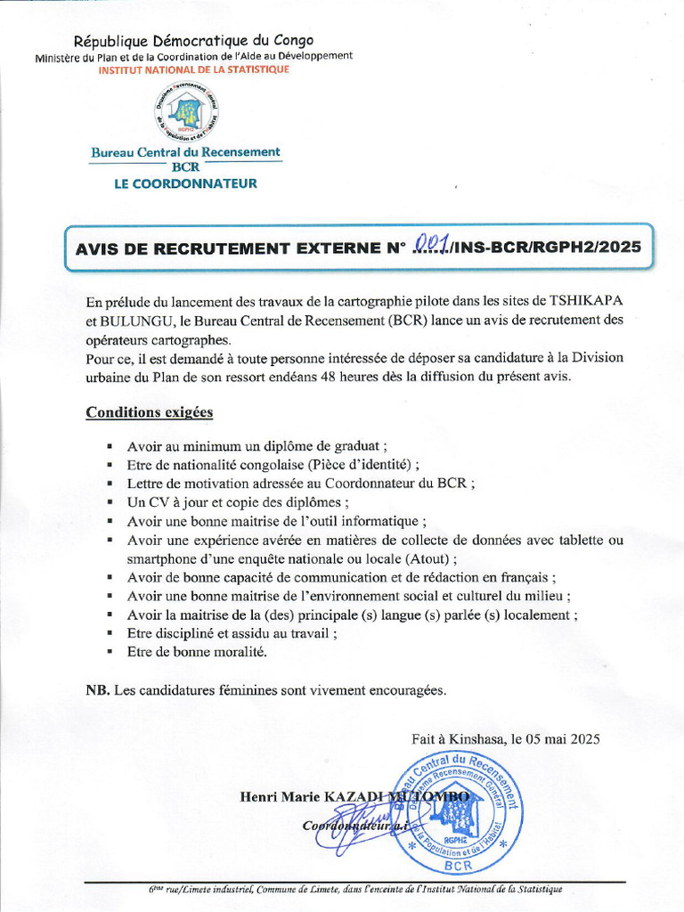 Avis Recrutement Carto Tshikapa Bulungu 025 | PDF