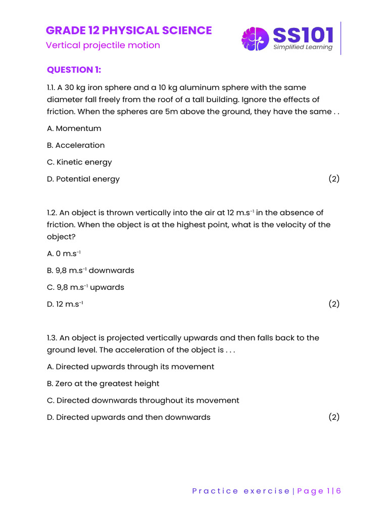 GR12 Physics Practice Exercise VPM | PDF | Velocity | Motion (Physics)