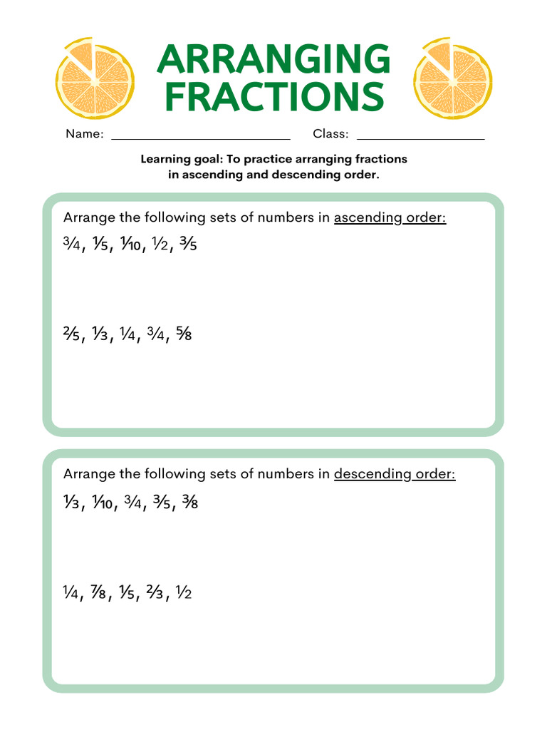 Simple Green Ordering Fractions Maths Worksheet | PDF