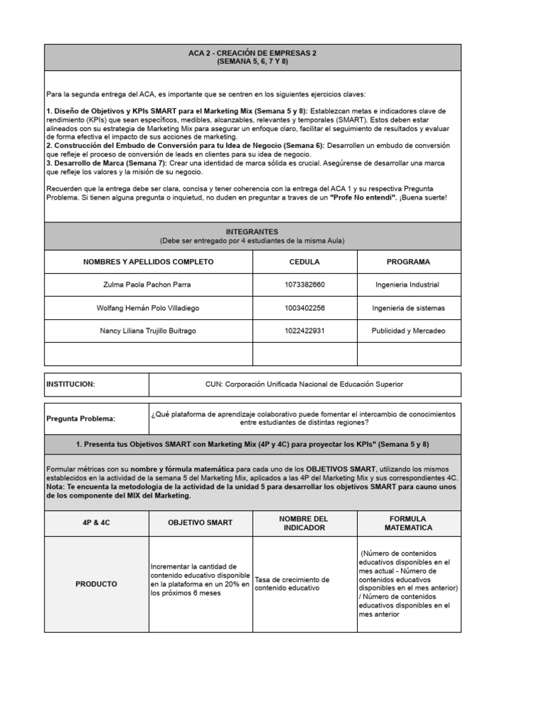 ENTREGA ACA 2 (Semanas 5, 6, 7 y 8) CREACION DE EMPRESAS - XLSX - Entrega 2 ACA | PDF | Marca ...