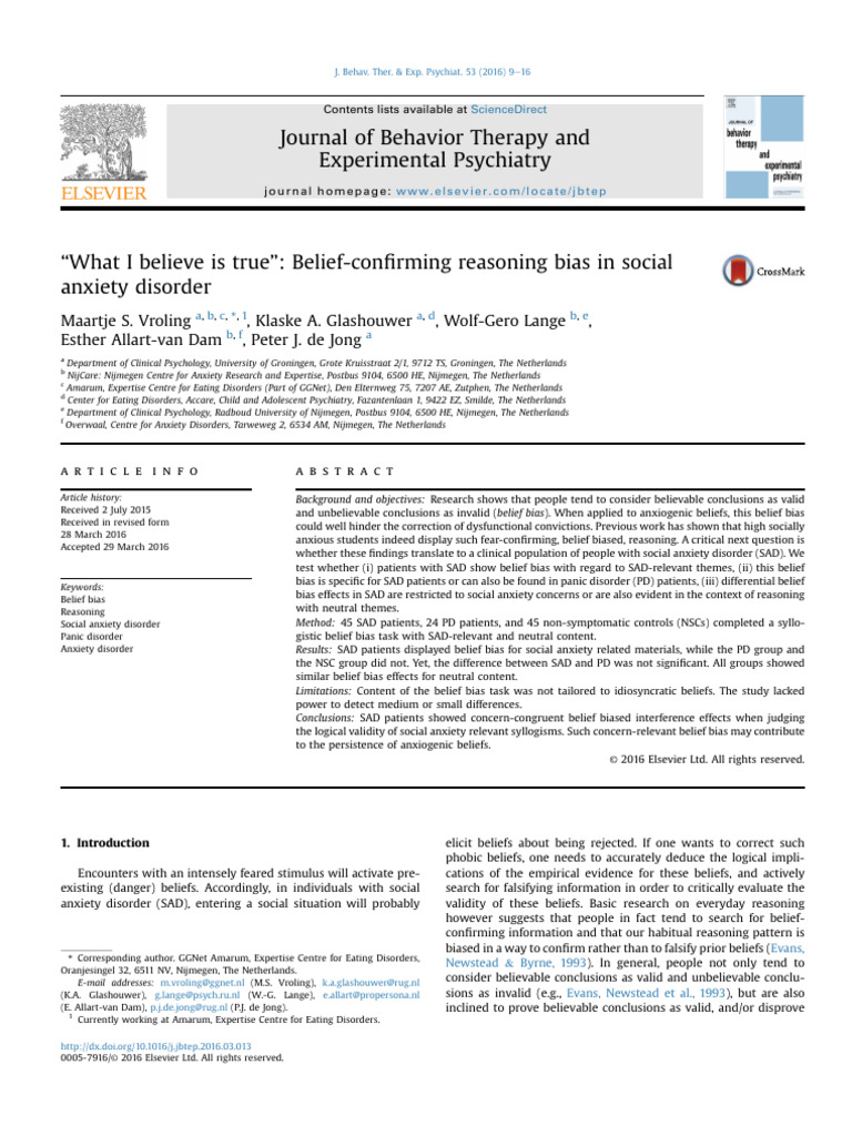 Belief-Confirming Reasoning Bias in Social Anxiety Disorder | PDF ...
