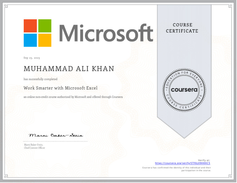 Coursera MICROSOFT Excel Certificate | PDF