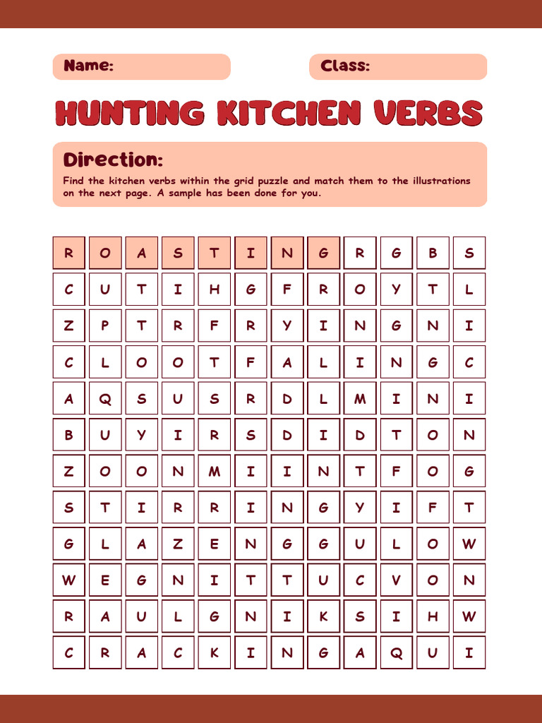 Hunting Kitchen Verbs ELA Worksheet in Brown and Peach Illustrative ...