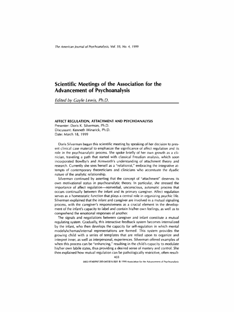 Affect Regulation, Attachment and Psychoanalysis (1999) | PDF ...