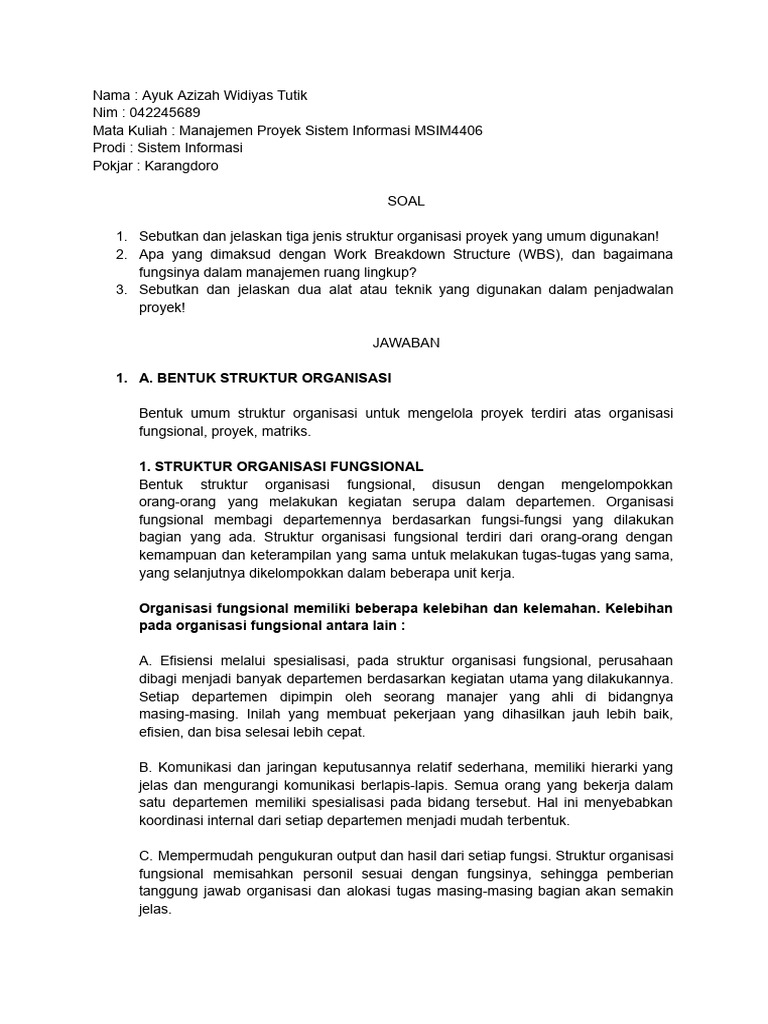Tugas Tutorial I Manajemen Proyek Sistem Informasi_Ayuk azizah Widiyas Tutik_042245689 | PDF