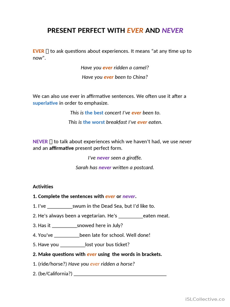Present Perfect With Ever and Never | PDF | Linguistics