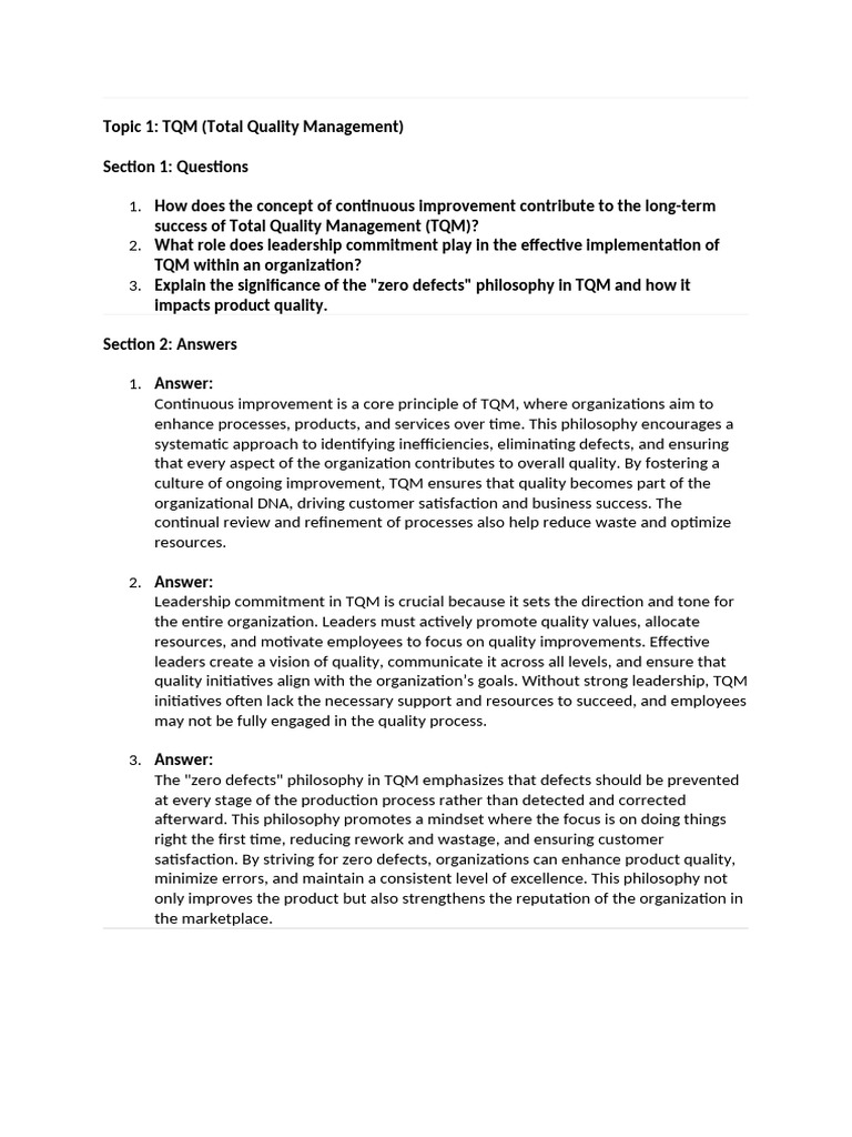 UNIT 1 Topics - Long Answer Questions | PDF | Quality Assurance | Quality Management System