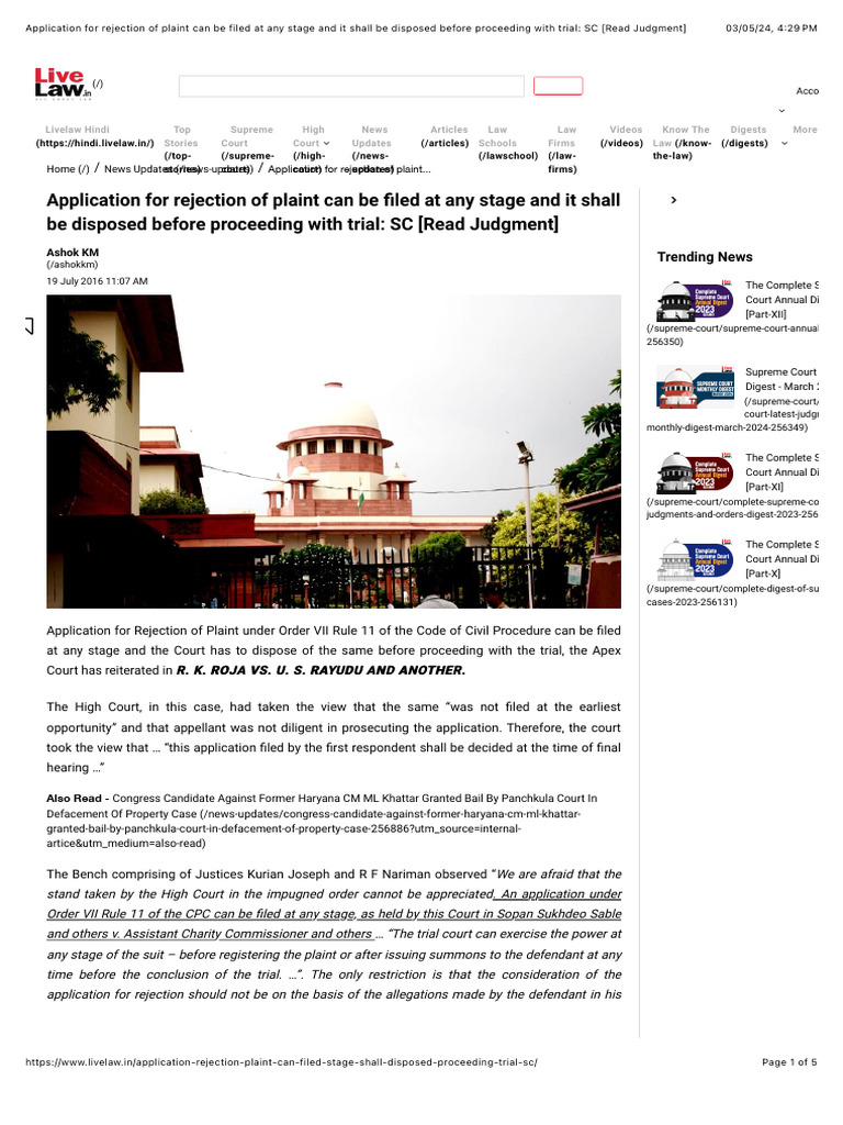 Rejection of Plaint: SC Ruling Insights | PDF | Supreme Court Of India ...