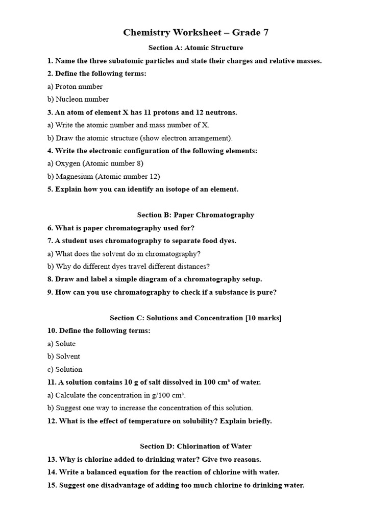 GRADE 7 Chemistry Worksheet - SE2 | PDF | Atoms | Chemical Reactions
