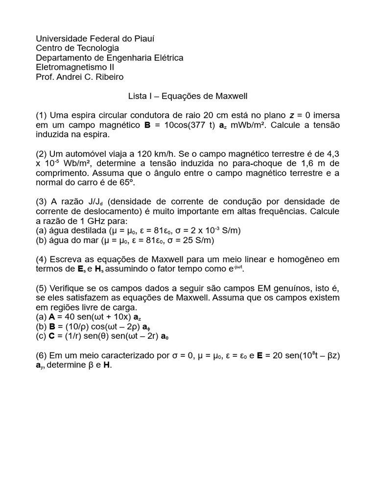 Lista 1 Eletromag II | PDF