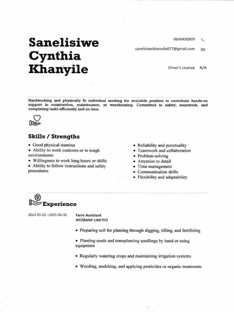 Sanelisiwe Cynthia Khanyile Updated Resume | PDF | Skill | Harvest