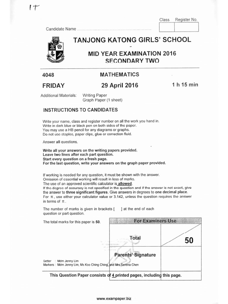 Holiday Hw1_ 2016 Sec 2 SA1 Math TKGS | PDF