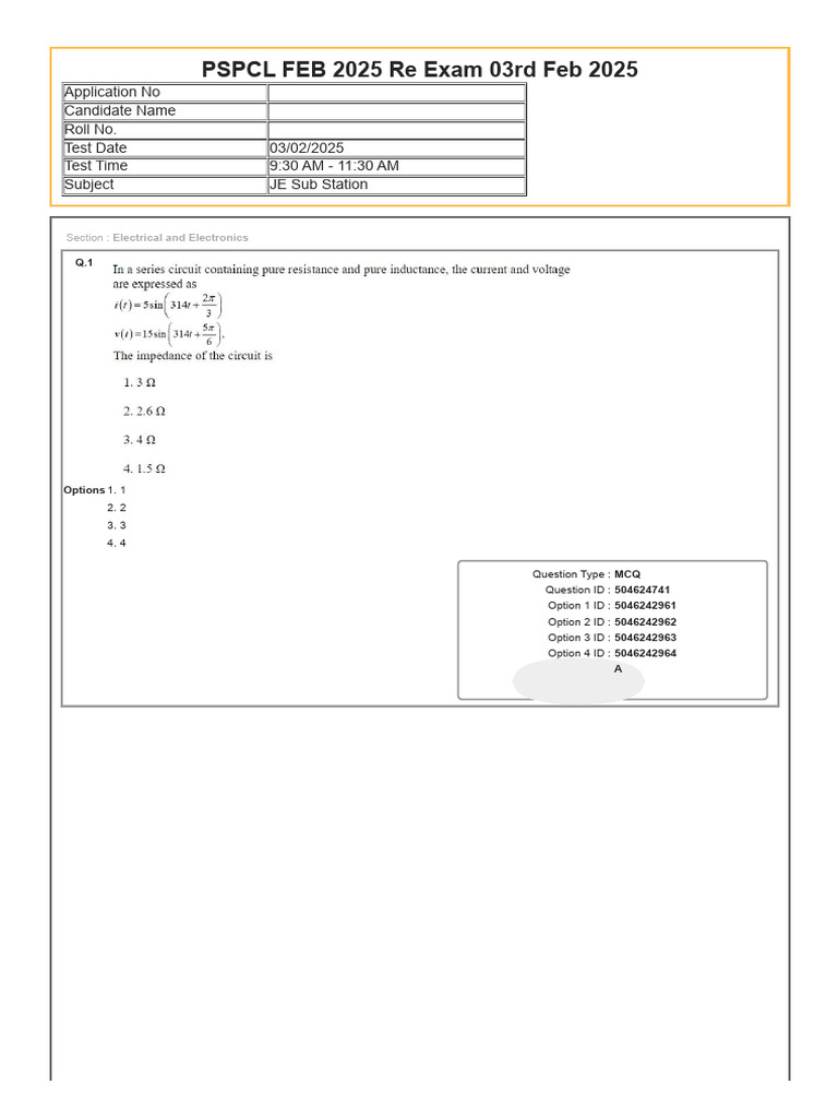 PSPCL Je Substation 3-2-25 With Attached Answer Key | PDF | Multiple Choice | Evaluation Methods