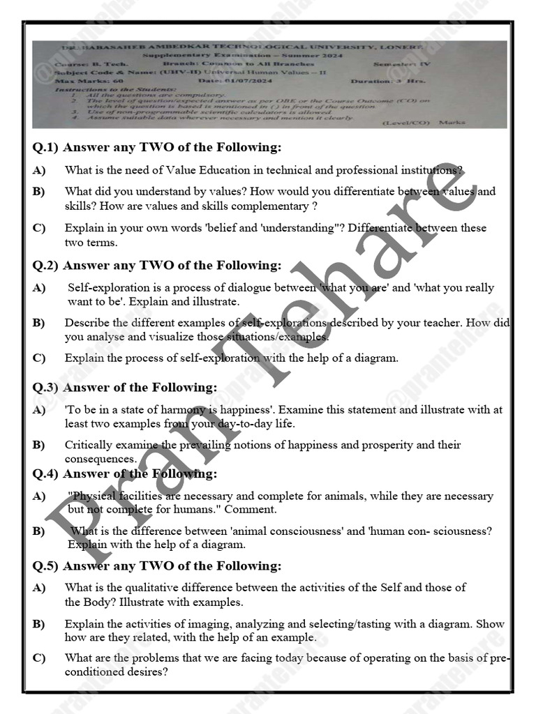 Universal Human Values II ALL PYQ (Pran Tehare) | PDF | Behavioural Sciences | Psychology