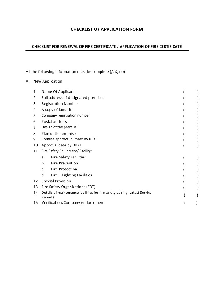 Checklist For Renewal of Fire Certificate / Application of Fire ...