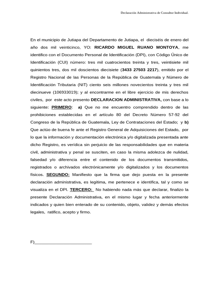 Modelo de Declaracion Administrativa SIMPLE RICARDO RUANO (Consultor ...