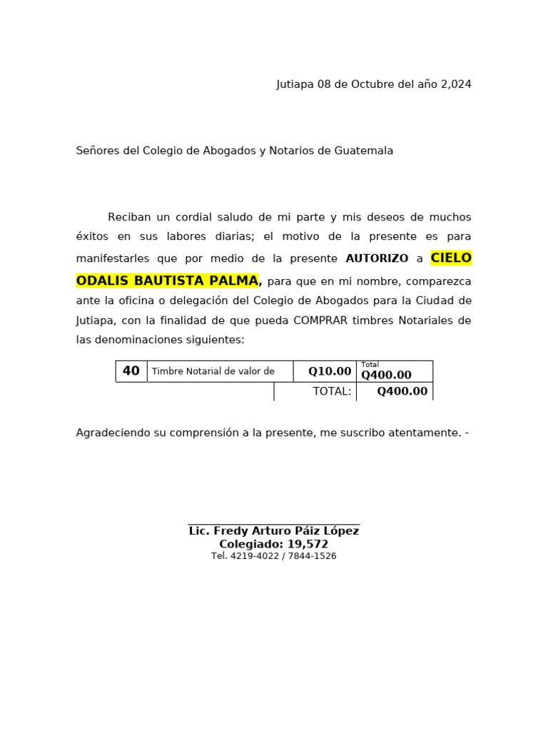 Autorización para Compra de Timbres Notariales | PDF