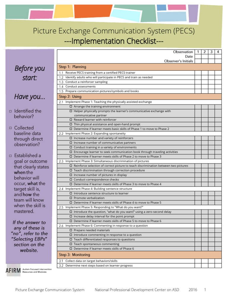 Implementation Checklist For PECS | PDF | Behavioural Sciences | Behavior Modification