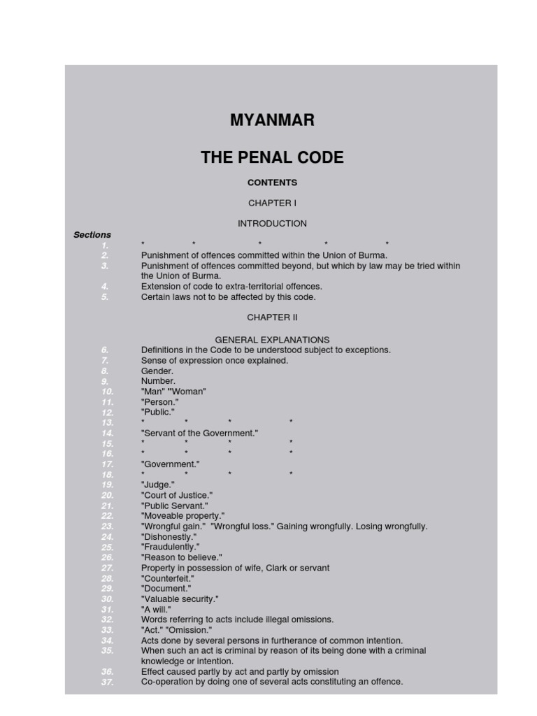 Myanmar The Penal Code: Sections | PDF