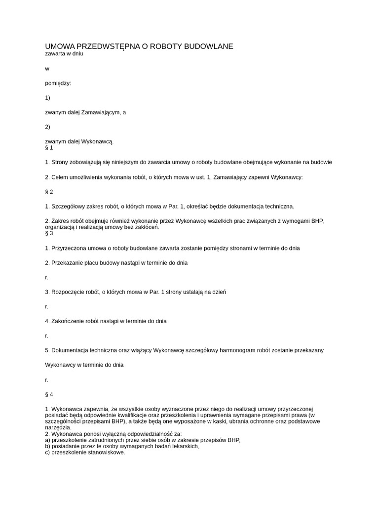 Umowa Przedwstepna Roboty Budowlane | PDF