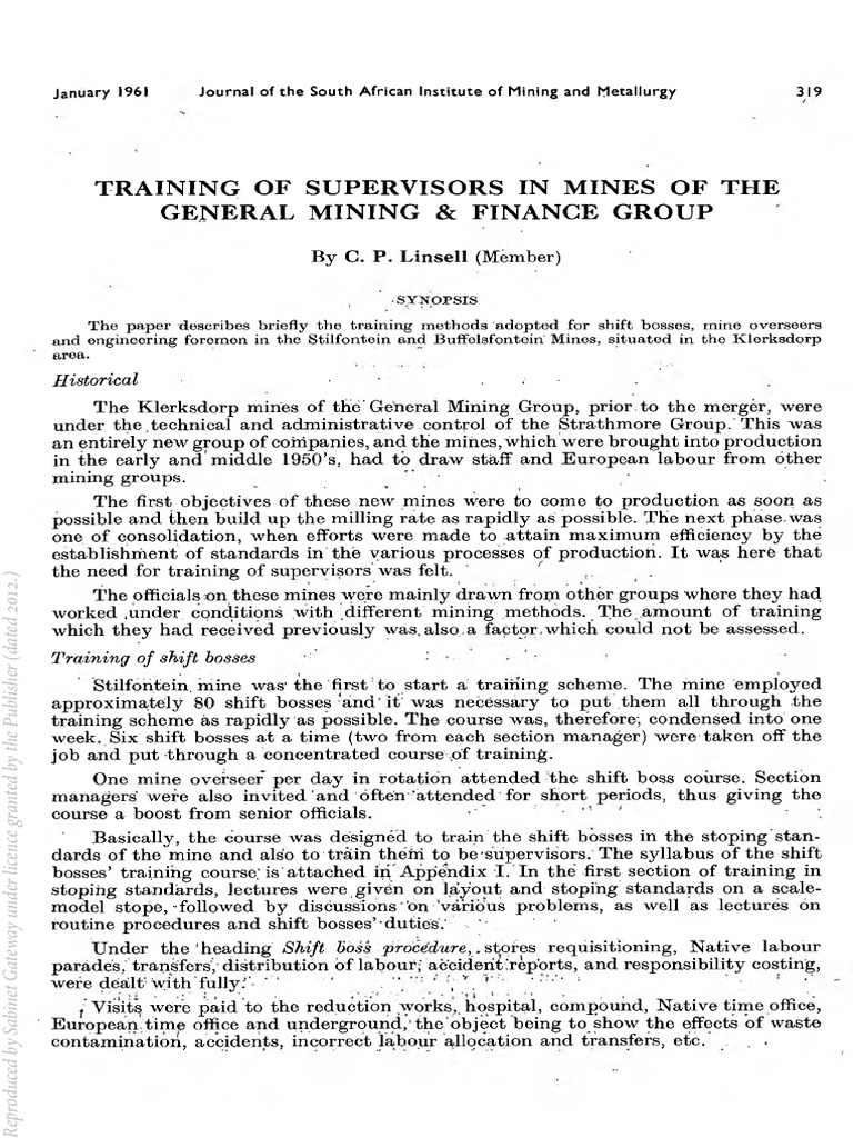 Linsell 1961 Training of Supervisors in Mines of The General Mining ...