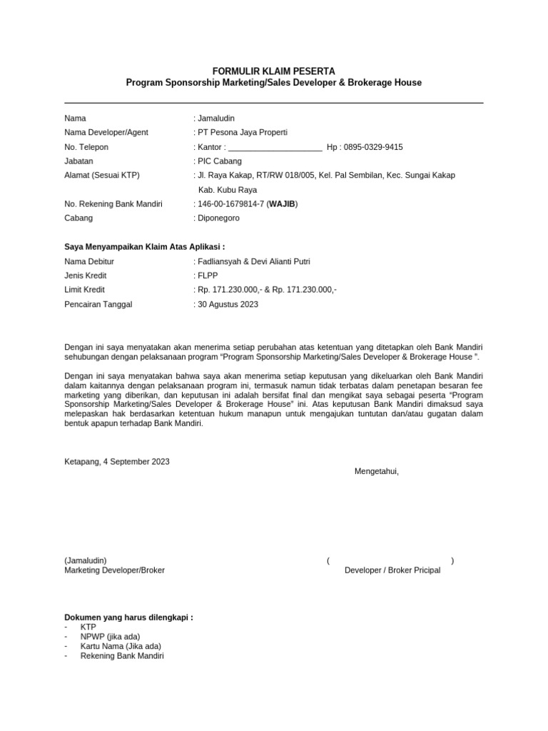 Form Klaim Developer Jamal (1) | PDF