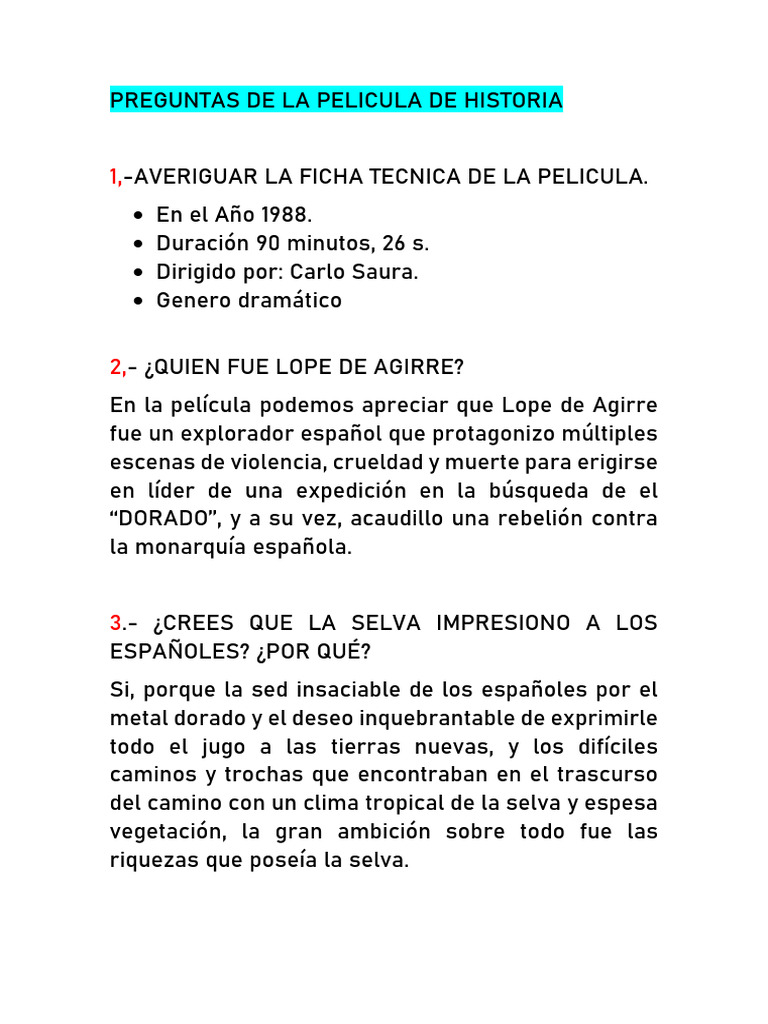 PREGUNTAS DE LA PELICULA DE HISTORIA Davinson Cruz Palomno | PDF