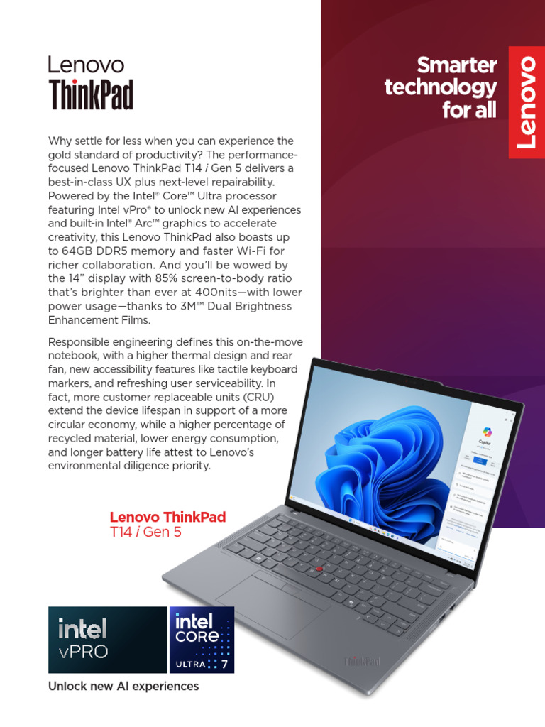 ThinkPad T14 Gen5 Datasheet WW en | PDF | Lenovo | Intel